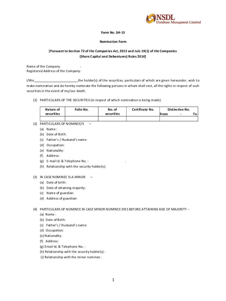 Fillable Online FORM NO. SH-13 NOMINATION FORM Pursuant to section 72 of ... Fax Email Print ...