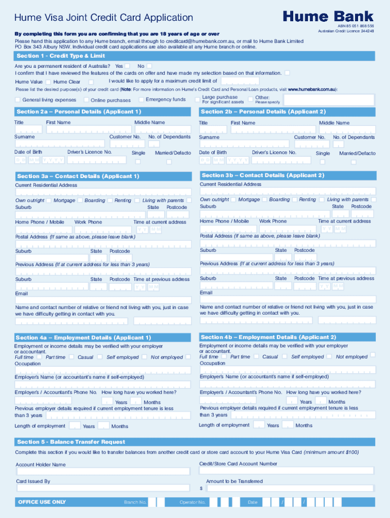 Fillable Online www.humebank.com.auMediaLibrariesHBHume Visa Joint ...