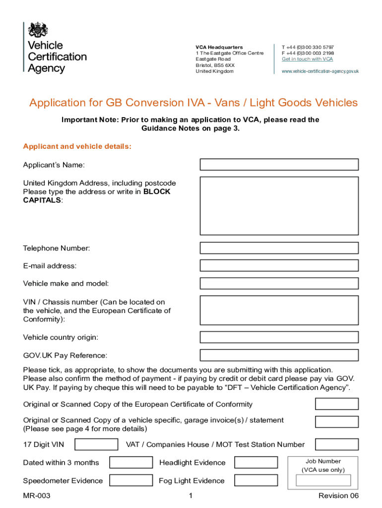 Fillable Online Application for GB Conversion IVA - Vans / Light Goods ...