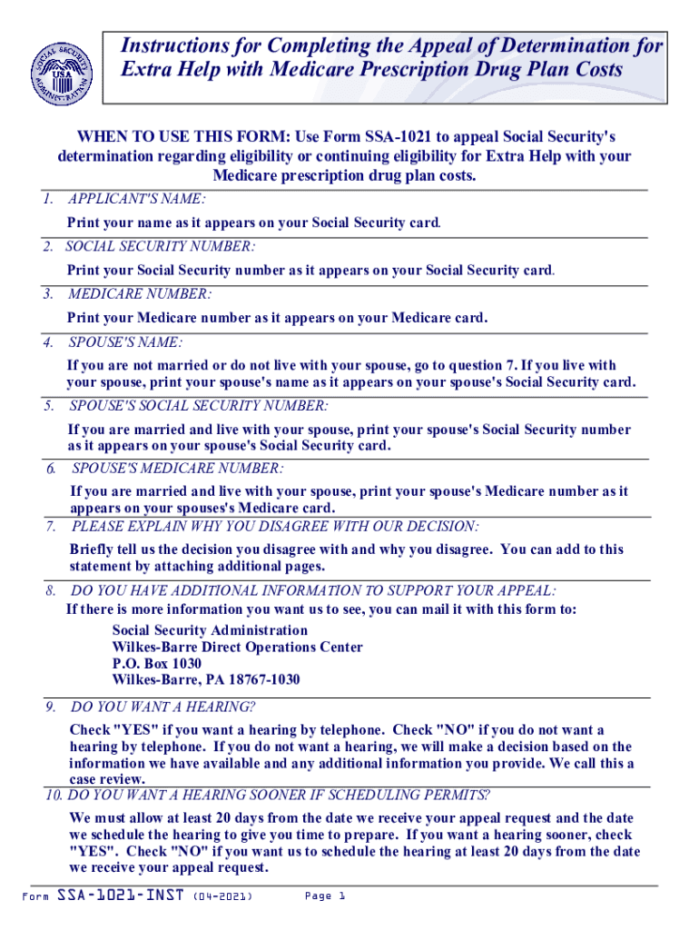 Fillable Online Instructions for Form SSA-1021 "Appeal of Determination ...