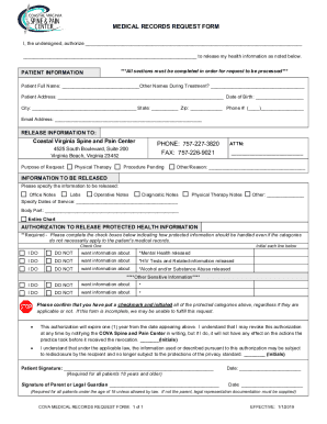 Fillable Online MEDICAL RECORDS REQUEST FORM - Coastal Virginia Spine ... Fax Email Print ...