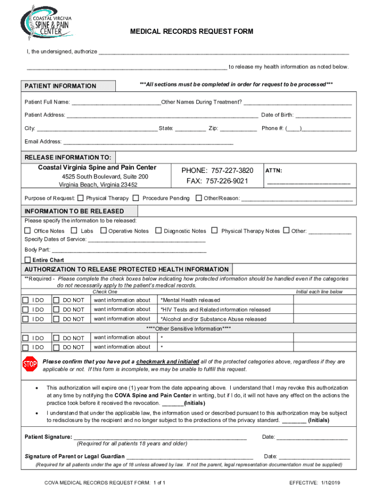 Fillable Online MEDICAL RECORDS REQUEST FORM - Coastal Virginia Spine ... Fax Email Print ...