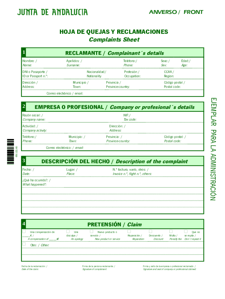 Fillable Online HOJA DE QUEJAS Y RECLAMACIONES Complaints Sheet Fax ...
