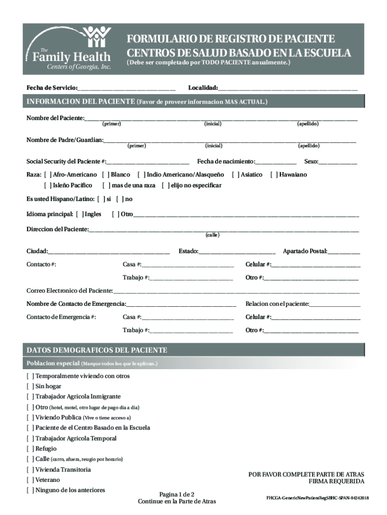 Fillable Online FORMULARIO DE REGISTRO DE PACIENTE Family Health Fax ...