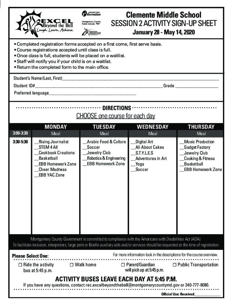 Fillable Online Clemente Middle School SESSION 2 ACTIVITY SIGN-UP SHEET ...