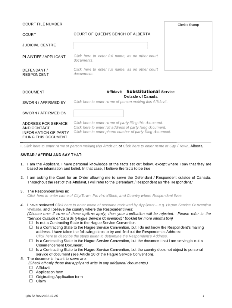 Affidavit Substitutional Service Outside Canada - with Consent. Civil ...