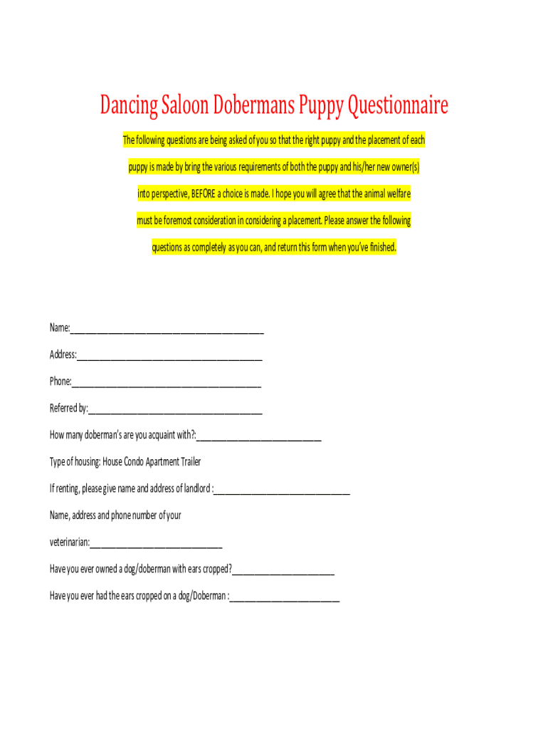 Fillable Online saratogadobermans.compuppy-dog-questionnairePuppy/Dog ...