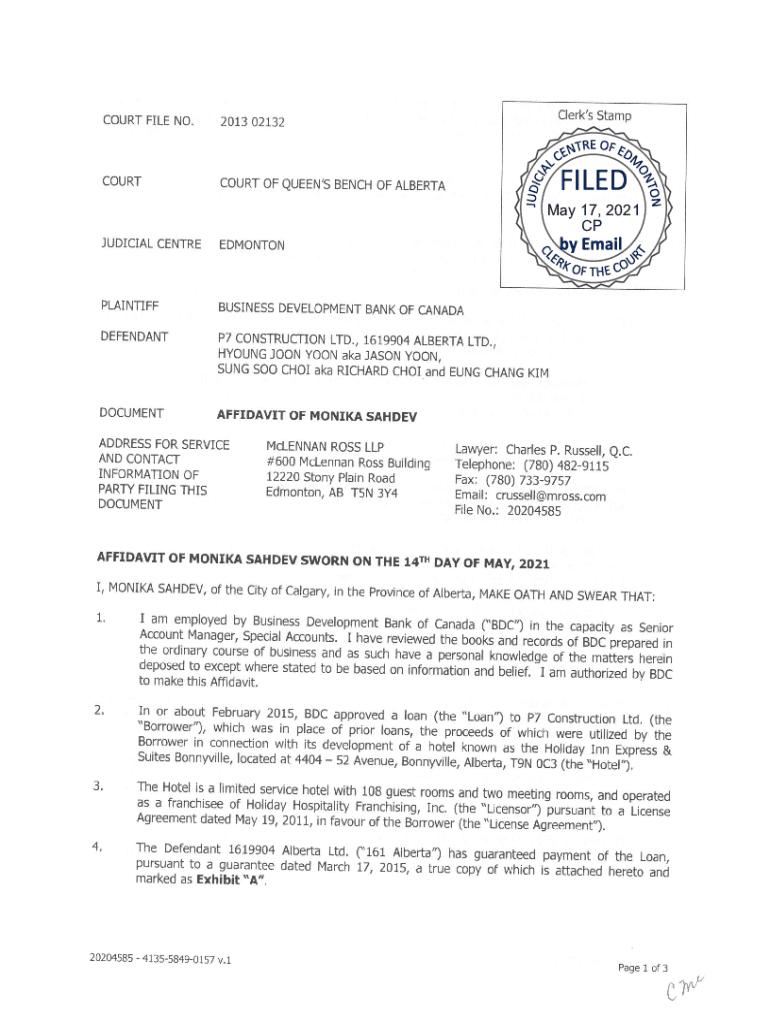 Fillable Online 2103 02132 Clerks Stamp COURT COURT OF QUEENS BENCH ...