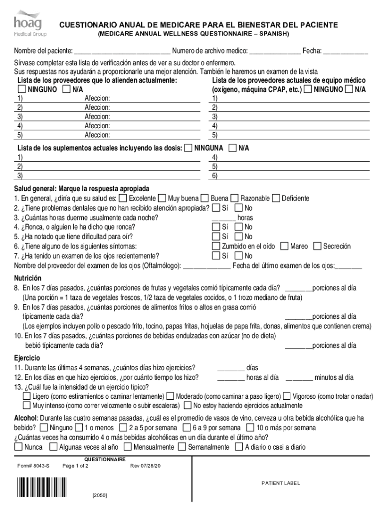 Fillable Online 8043-S Medicare Annual Wellness Questionnaire - Spanish ...