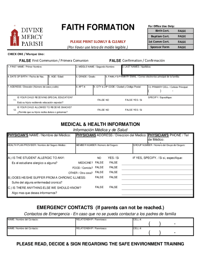 Fillable Online FAITH FORMATION For Office Use Only: FALSE PLEASE PRINT ...