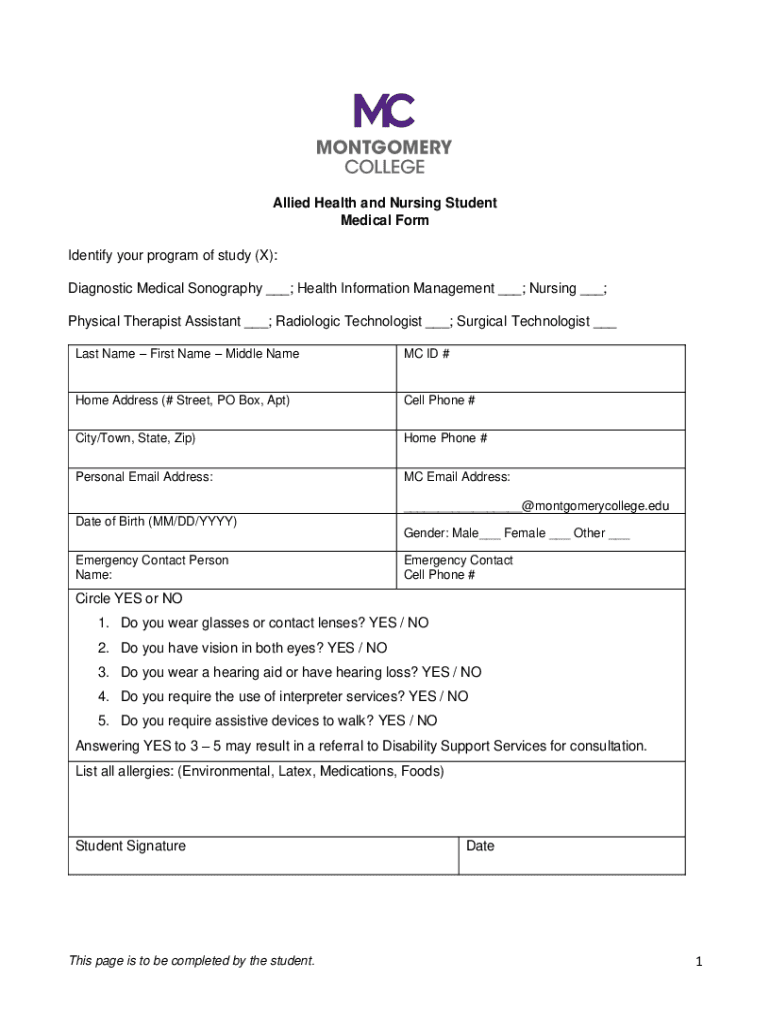 Fillable Online Allied Health and Nursing STudent Medical Form, Health ...