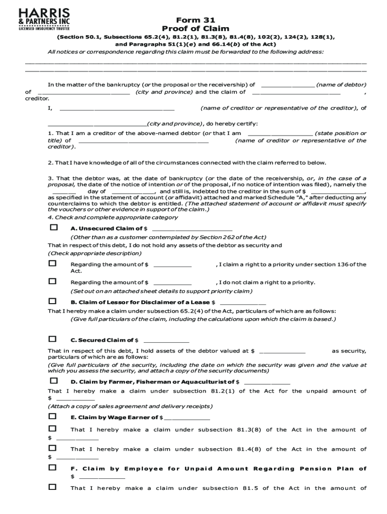 Fillable Online www.bdo.ca2139911Proof-of-Claim-(form-31)Proof of Claim ...
