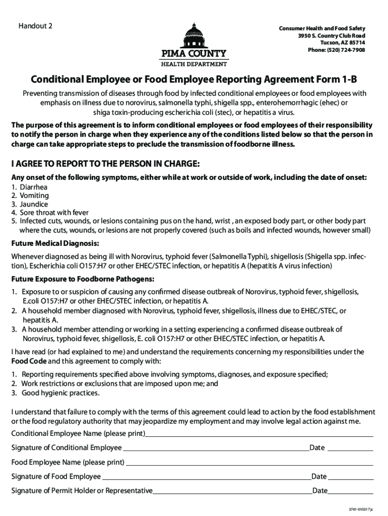 Conditional Employee Food Safety Reporting Agreement Form 1-B - Blank ...
