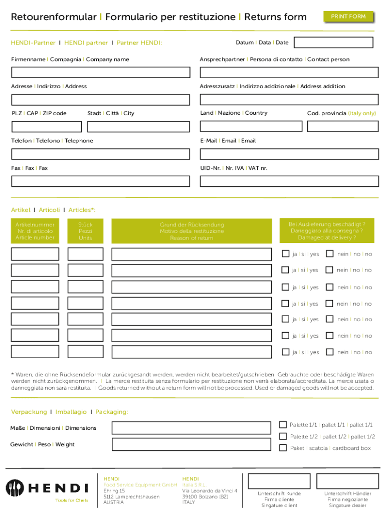 Fillable Online Retourenformular I Formulario per restituzione I ...