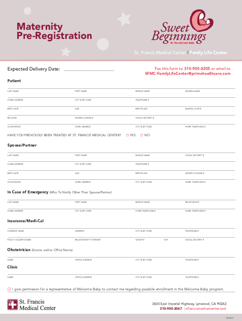 Fillable Online Maternity Pre-Registration - St. Francis Medical Center Fax Email Print - pdfFiller