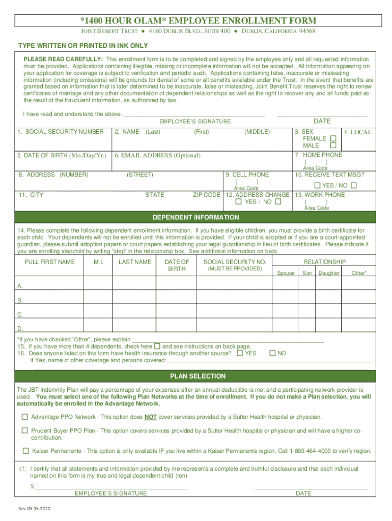 Fillable Online Fillable Online *NON-1400 HOUR* EMPLOYEE ENROLLMENT FORM ... Fax Email Print ...