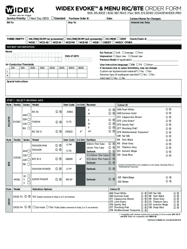 Fillable Online www.widexpro.com-mediaWIDEX EVOKE & MENU RIC/BTE ORDER ...