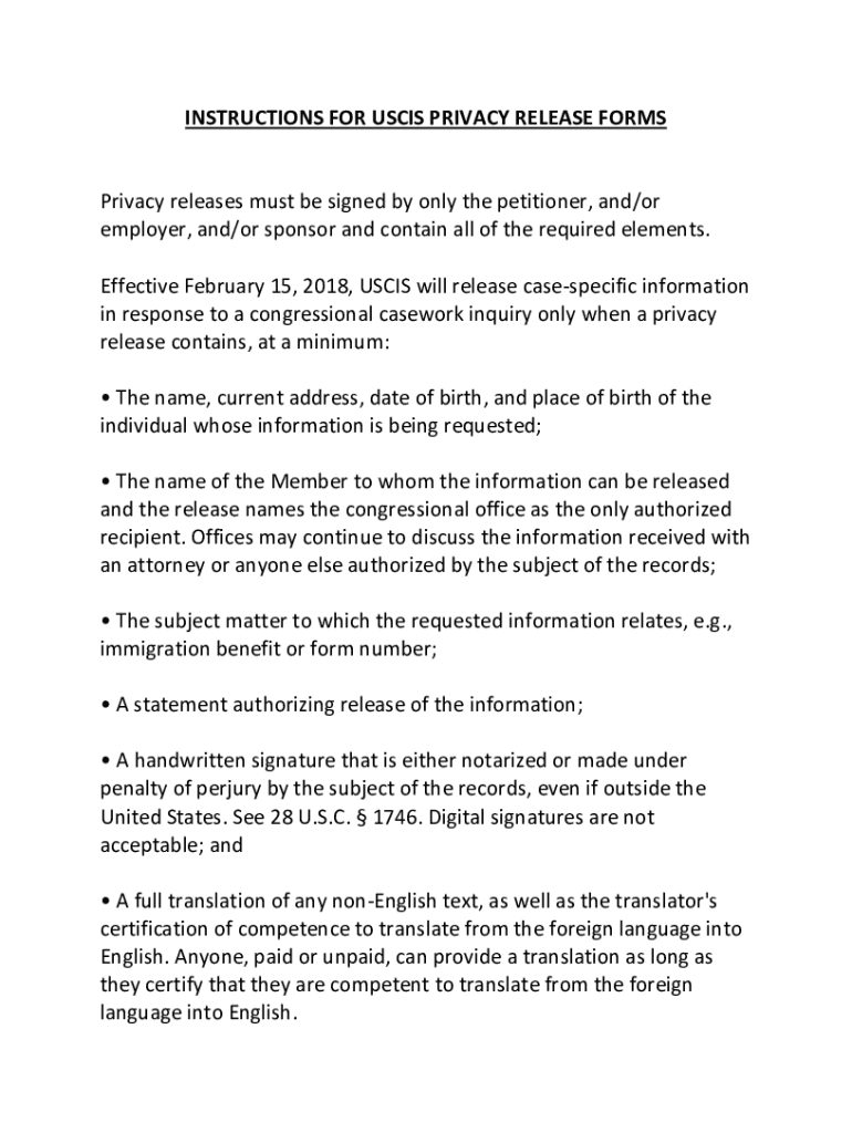 Fillable Online INSTRUCTIONS FOR USCIS PRIVACY RELEASE FORMS Fax Email ...