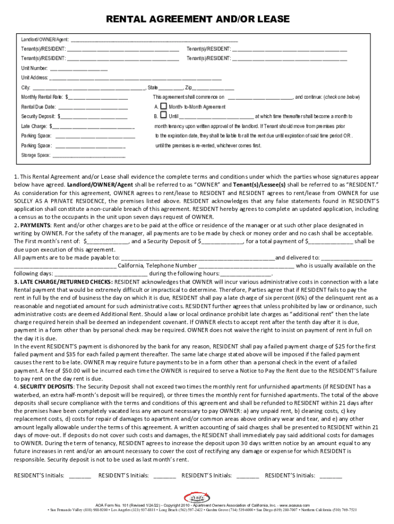 Fillable Online RENTAL AGREEMENT AND/OR LEASE - aoausa.com Fax Email ...