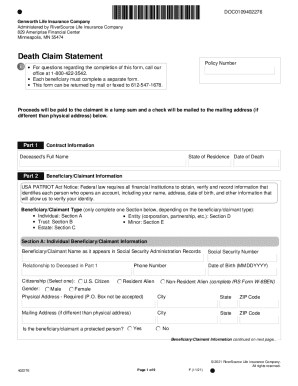 Fillable Online 402276. Genworth Death Claim Statement Fax Email Print ...
