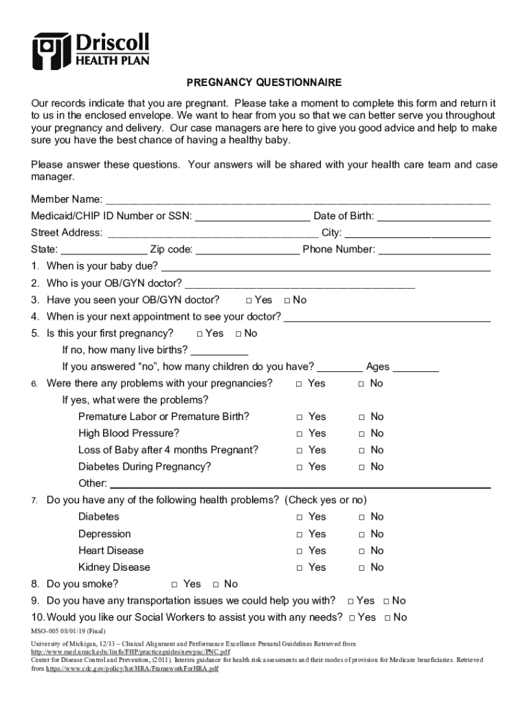 Fillable Online PREGNANCY QUESTIONNAIRE Our records indicate that you ...