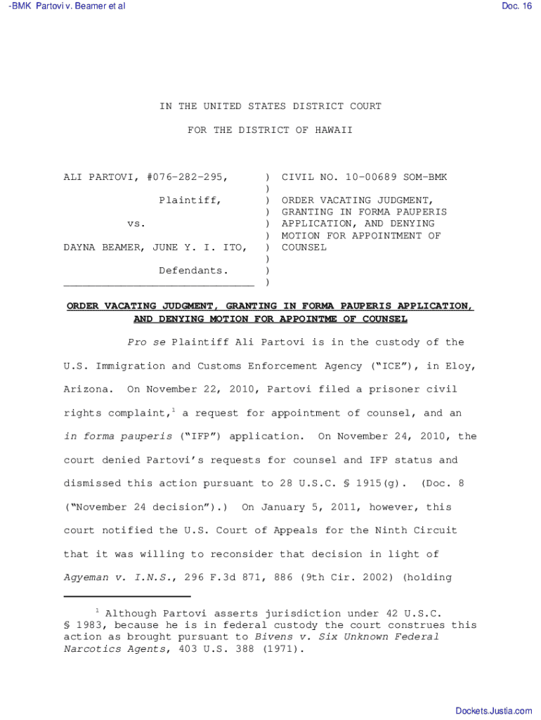 Fillable Online ORDER VACATING JUDGMENT, GRANTING IN FORMA PAUPERIS ...