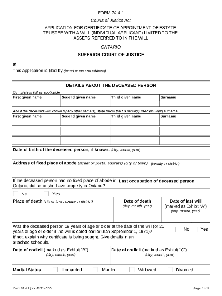 74.4.1 Application for Certificate of Appointment of ...