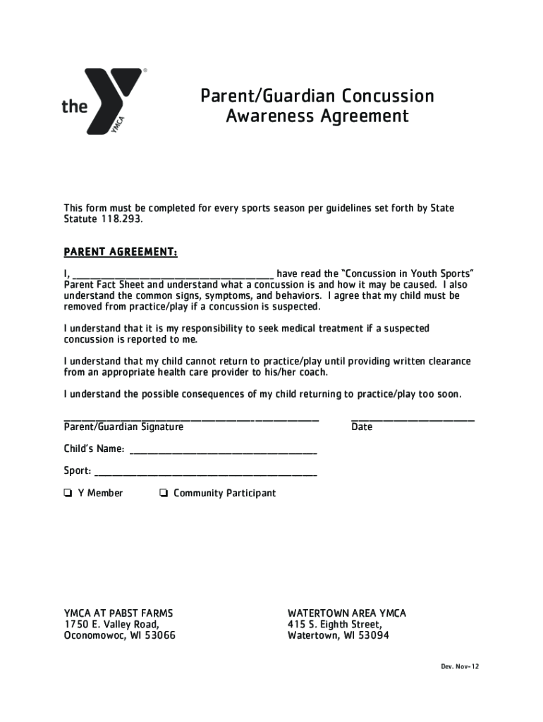 Fillable Online Parent/Guardian Concussion Awareness Agreement ...