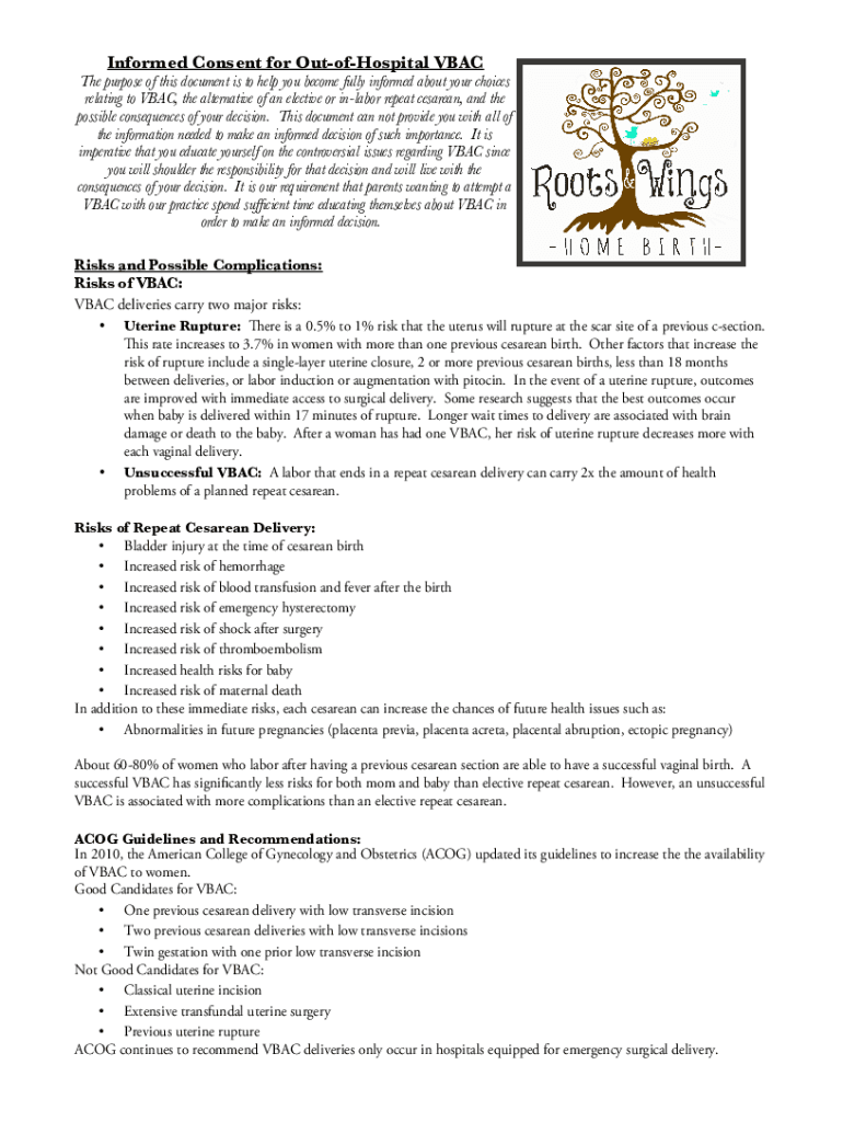 Fillable Online Informed Consent for Out-of-Hospital L/VBAC (Labor ...