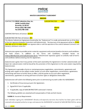 Fillable Online MASTER SUBCONTRACT AGREEMENT #XXXXXX XXX Phone Fax ...