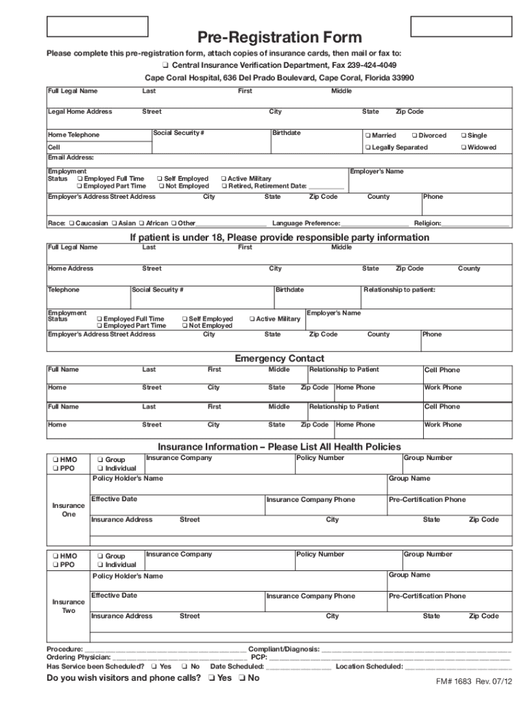 Fillable Online Pre-Registration Form. 1859 Obstetric Pre-Registration ...