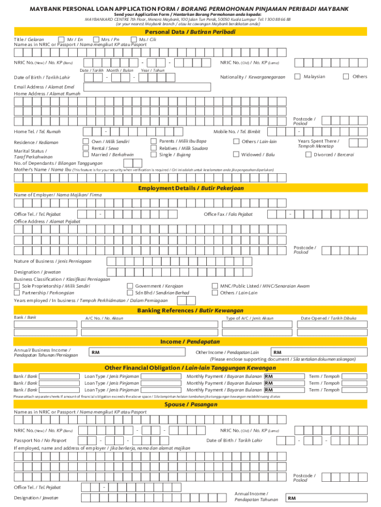 Fillable Online MAYBANK PERSONAL LOAN APPLICATION FORM / BORANG Fax ...