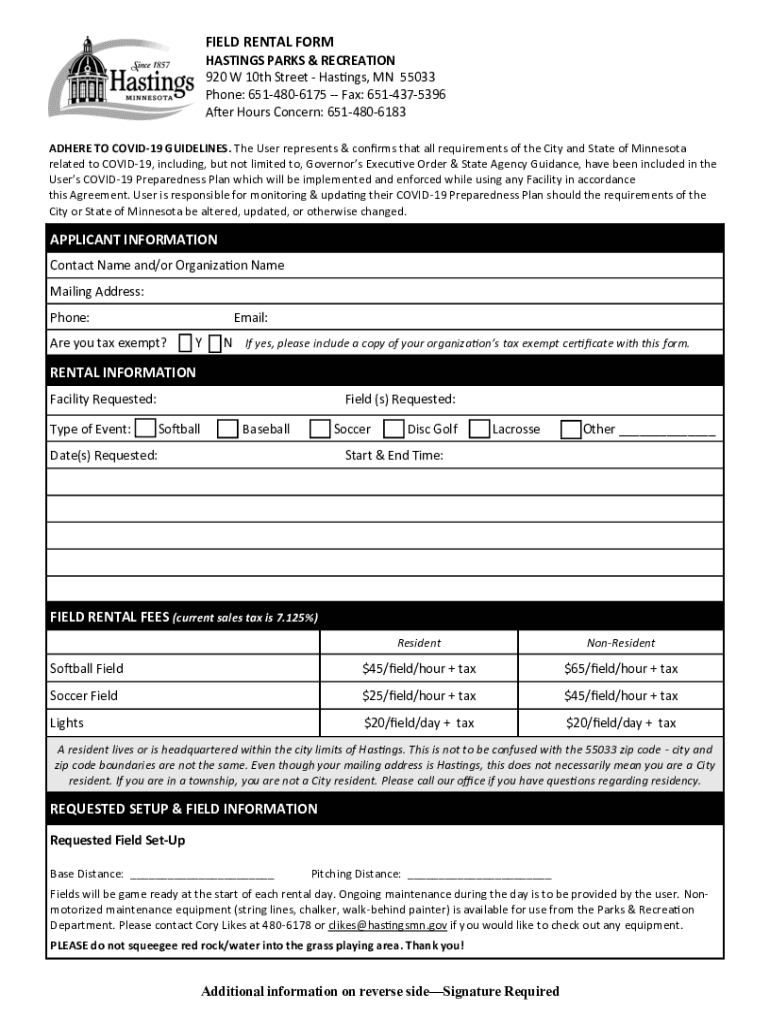 Fillable Online Fillable Online PARK RENTAL FORM Hastings Parks and ...