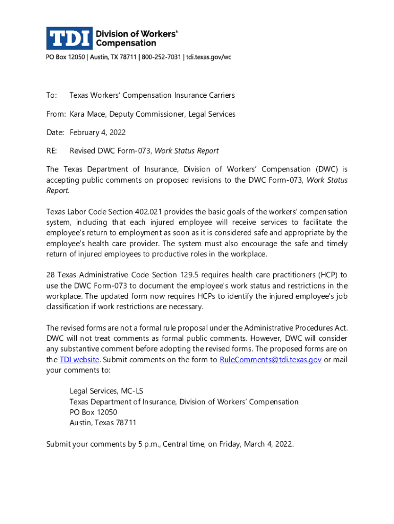 Fillable Online Revised DWC Form-073, Work Status Report. Revised DWC ...