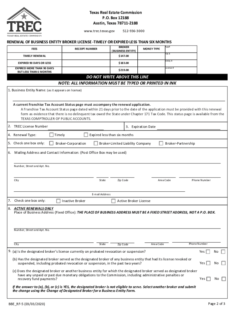 Fillable Online www.trec.texas.govsitesdefaultBusiness Entity Renewal ...