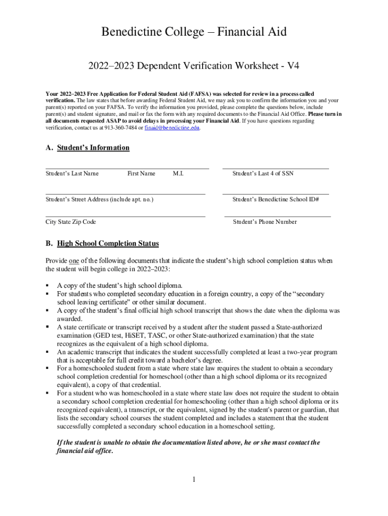 Fillable Online 20222023 DEPENDENT VERIFICATION WORKSHEET Fax Email Print - pdfFiller