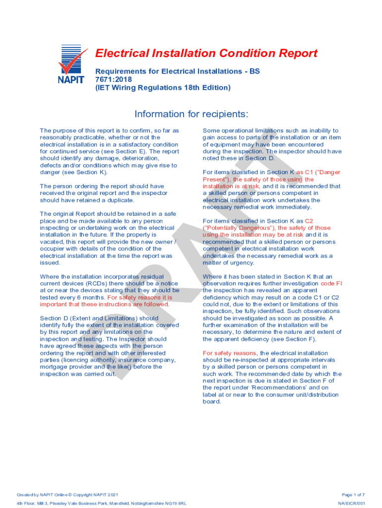 Fillable Online Electrical Installation Condition Report - Galaxy Real ...