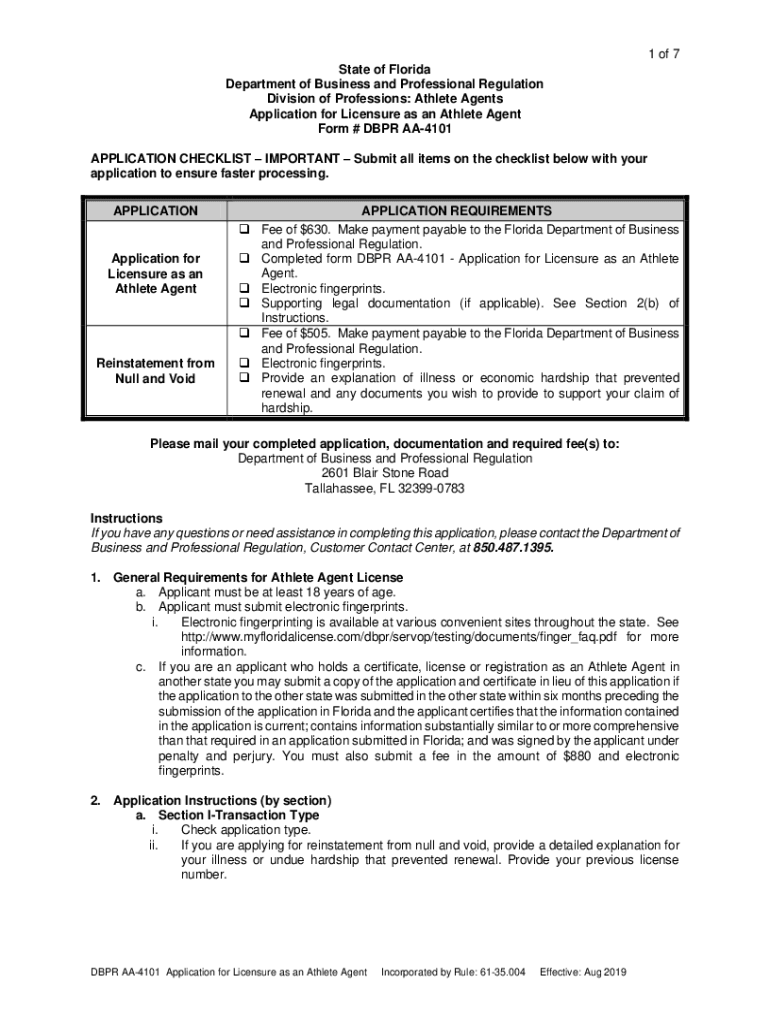Fillable Online DBPR AA 4101 - Application for Licensure as an Athlete ...