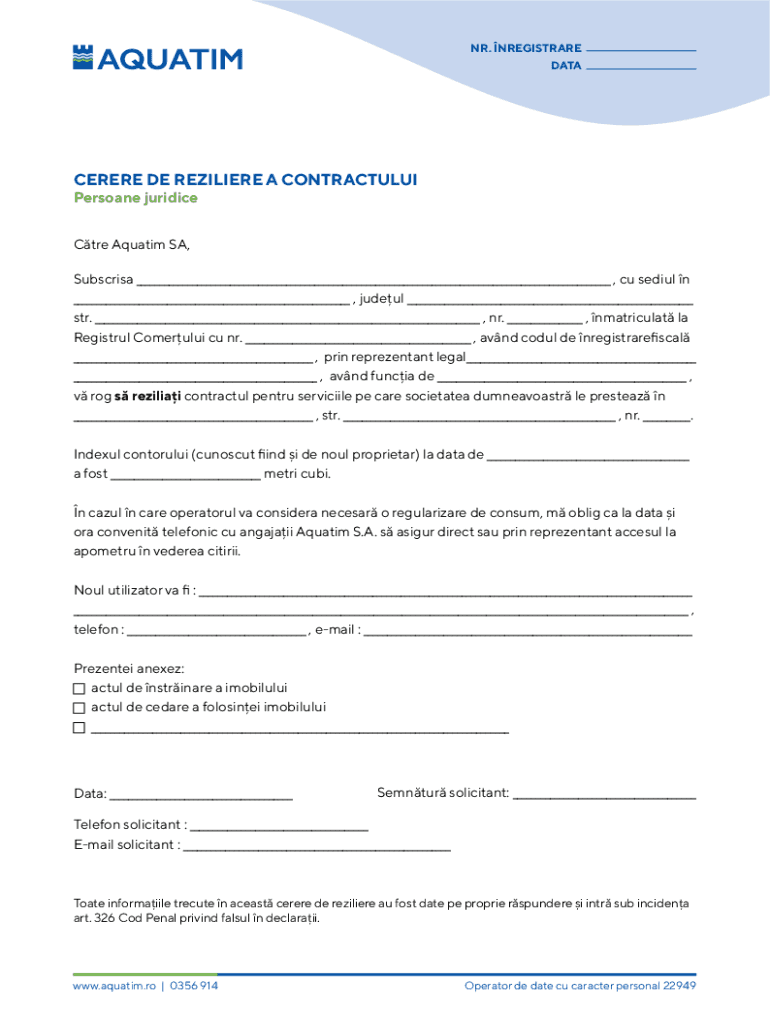 Fillable Online www.aquatim.ro media 1283CERERE DE REZILIERE A ...