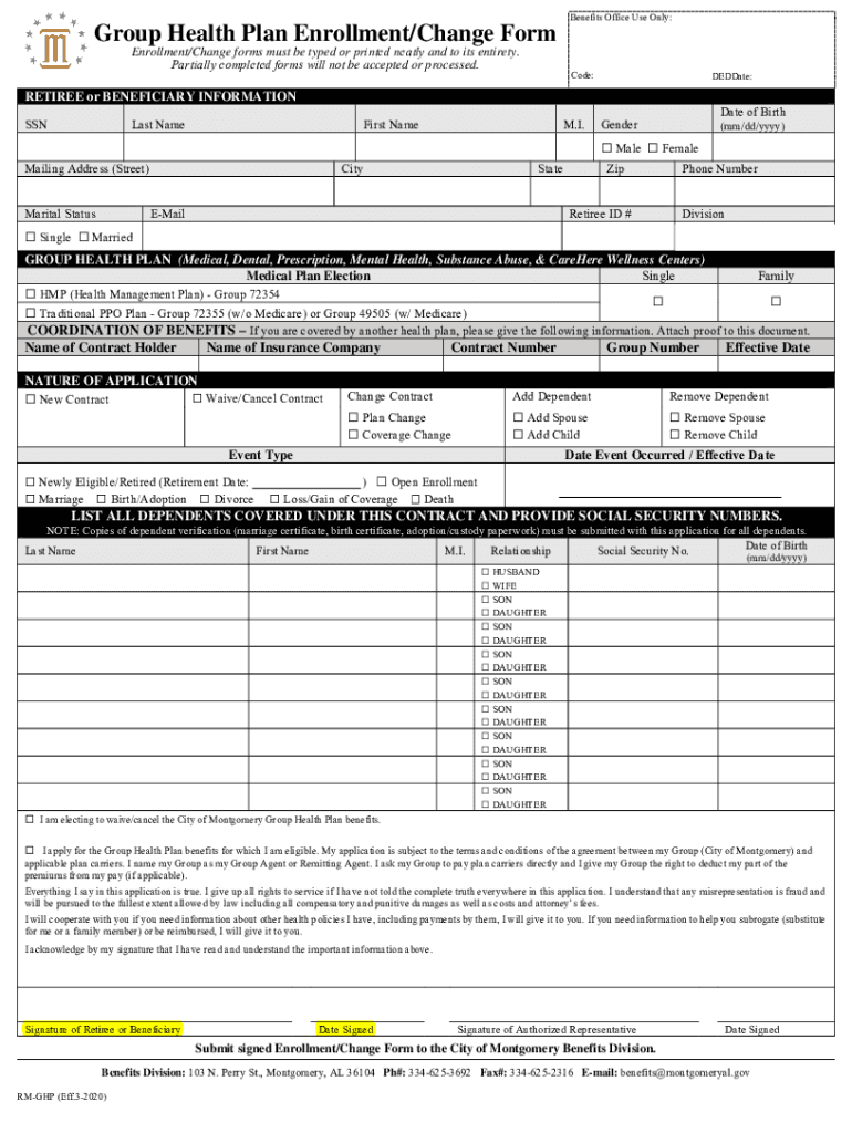 Fillable Online Group Health Plan Enrollment/Change Form Fax Email ...