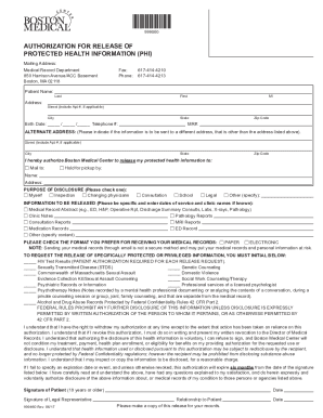 Fillable Online AUTHORIZATION FOR RELEASE OF PROTECTED HEALTH ... - bmc ...