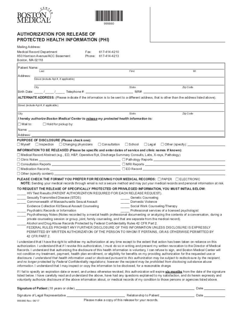 Fillable Online AUTHORIZATION FOR RELEASE OF PROTECTED HEALTH ... - bmc ...