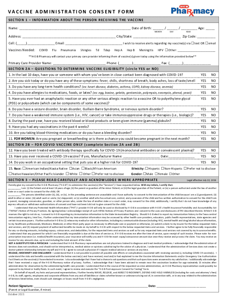 Fillable Online VACCINE ADMINISTRATION CONSENT FORM Fax Email Print ...