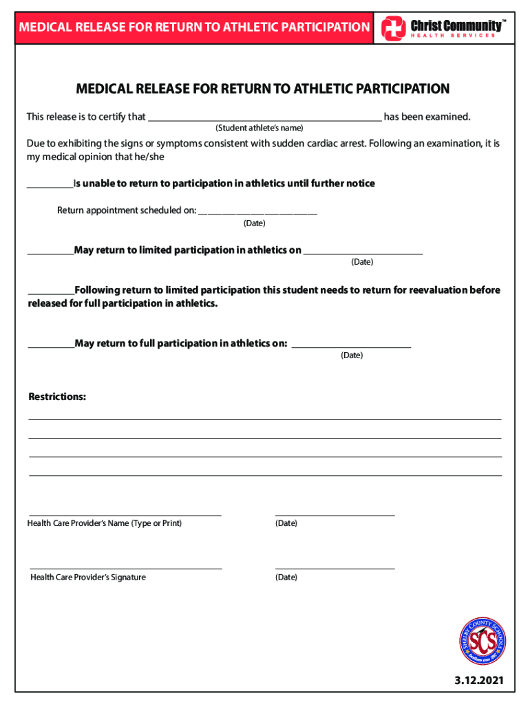 Fillable Online Medical Release for return to athletic participation ...