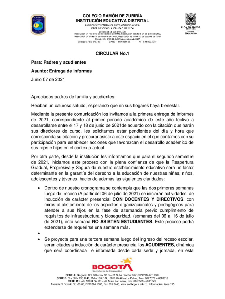 Fillable Online CIRCULAR No.1 Para: Padres y acudientes Asunto: Entrega ...