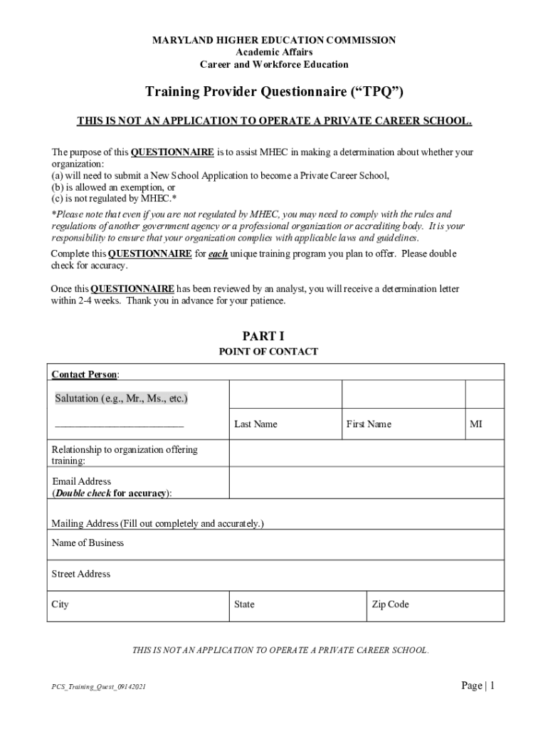 Fillable Online Mhec Maryland Training Provider Questionnaire Tpq Fax