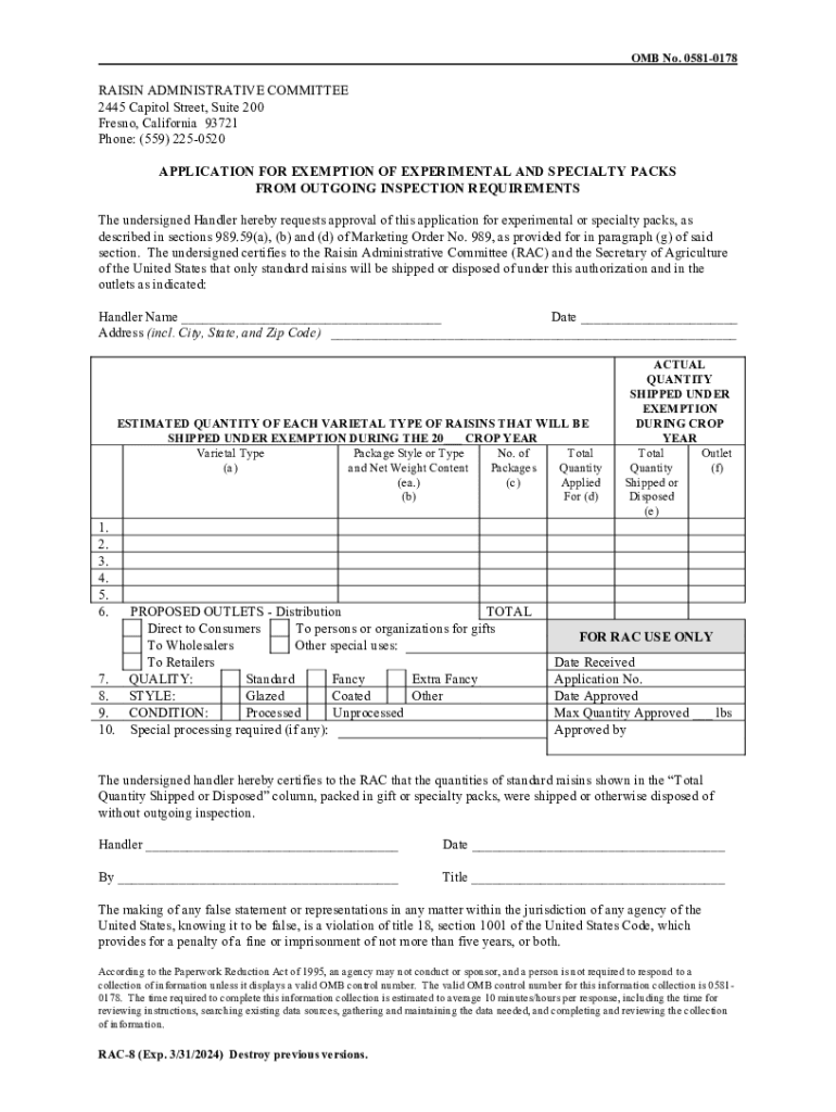 Fillable Online RAC 8 App for Examption of Expand Speciality Pks from ...