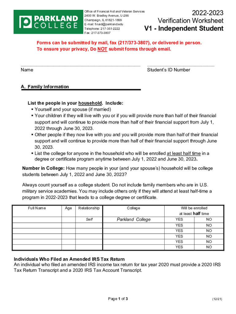 Fillable Online 2022-2023 Verification Worksheet V1 - Independent Student Fax Email Print ...