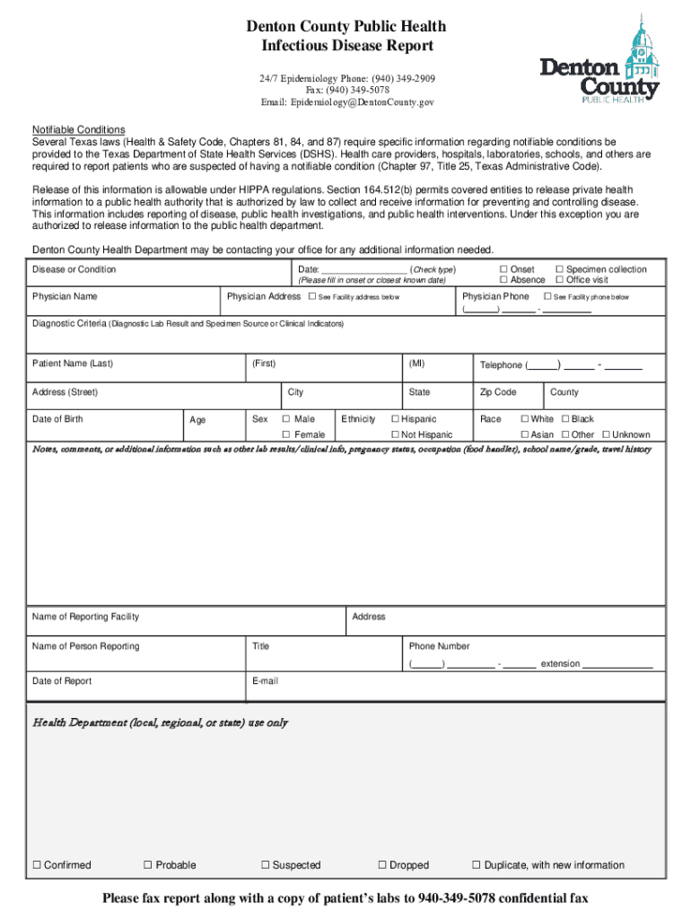 Fillable Online Denton County Public Health Infectious Disease Report ...