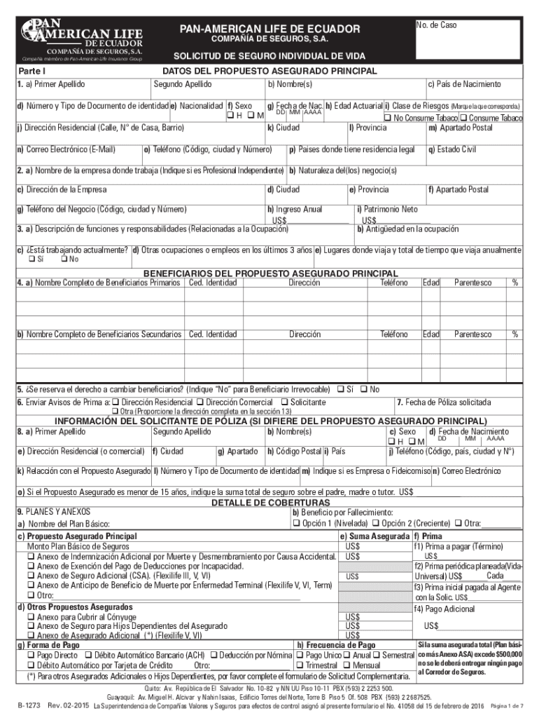 Fillable Online Pan-American Life de Ecuador Compaa de Seguros, S.A Fax ...
